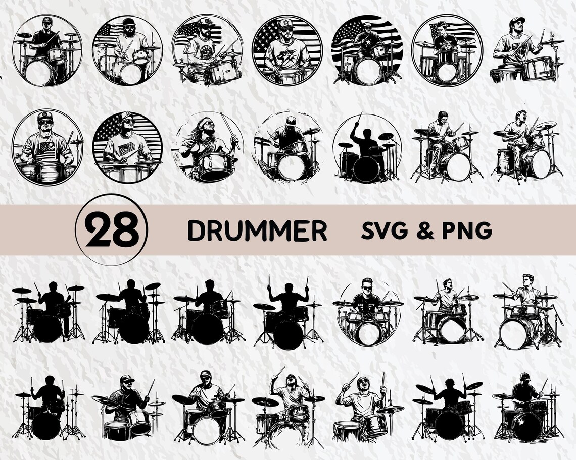 Drummer Silhouette SVG Bundle: Drummer Clipart, Vector, Logo (PNG ...
