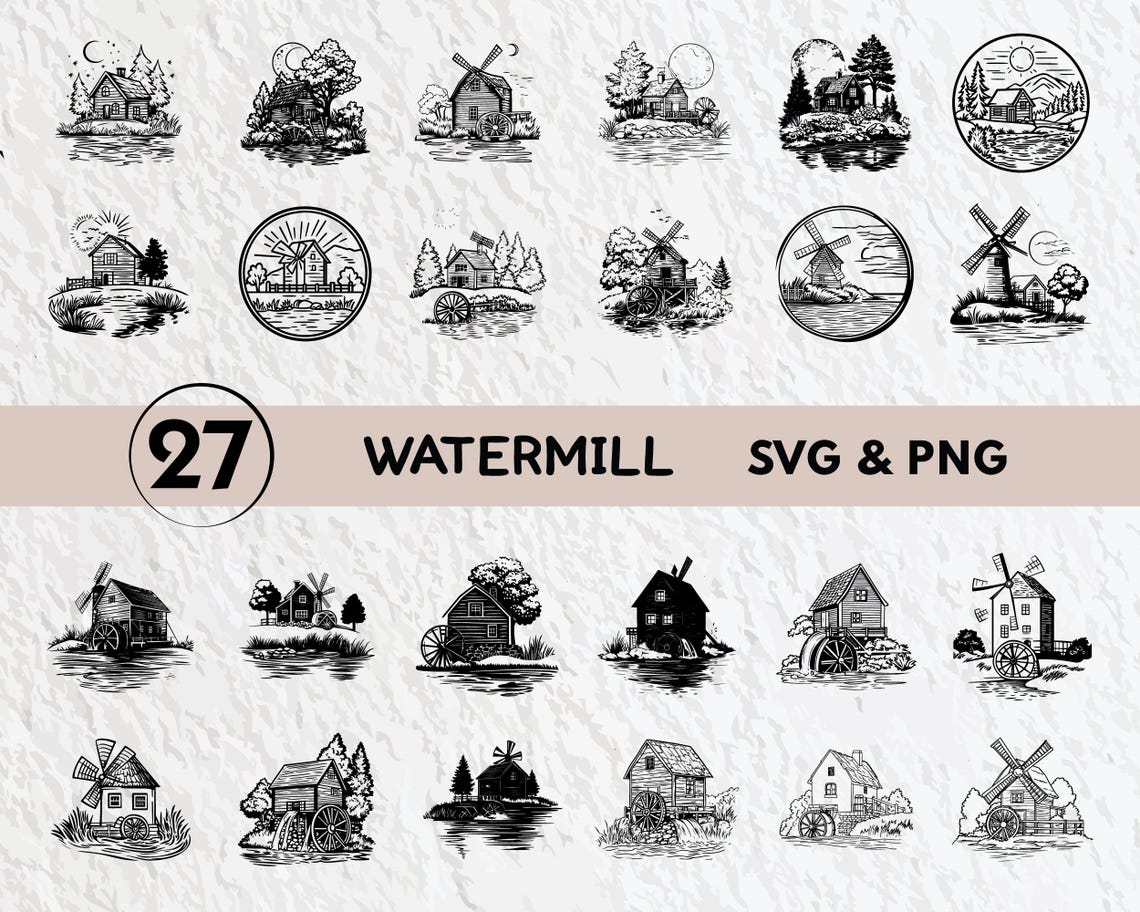Watermill SVG Bundle: Silhouette Clipart, Cricut Cut Files - Etsy