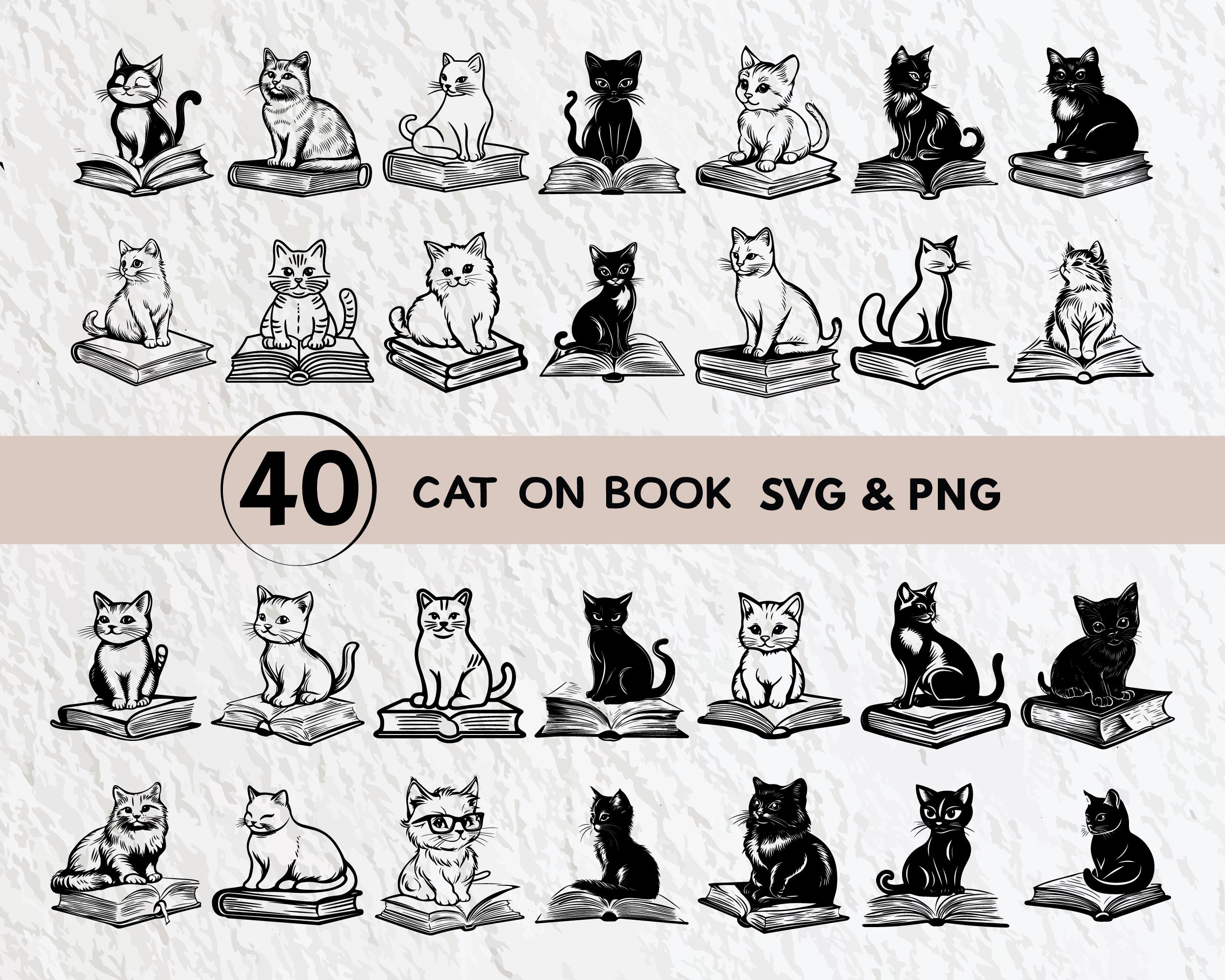 Cat on Book Svg Bundle, Cat on Book Silhouette, Cat on Book Clipart Png ...