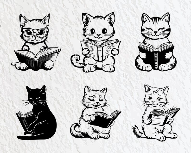 Cat Reading Book Svg Bundle, Cat Reading Book Silhouette, Cat Reading ...