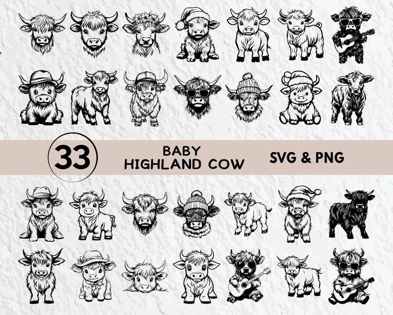 Baby Highland Cow SVG Bundle: Clipart, Silhouette, Outline (digital ...