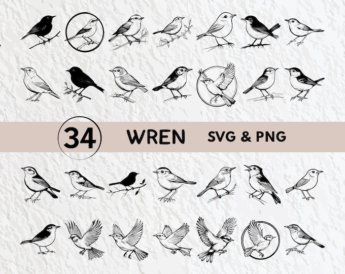 Wren Black Line Clip Art, Printable Simple Bird Decal for Sticker ...