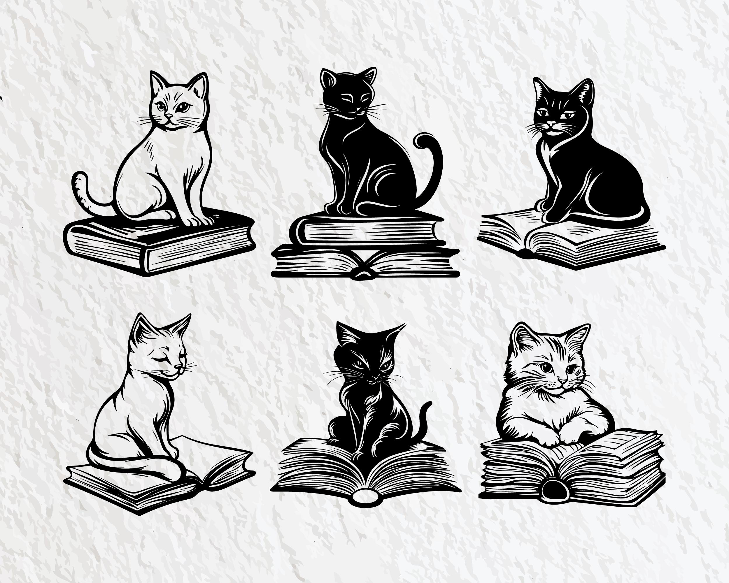 Cat on Book Svg Bundle, Cat on Book Silhouette, Cat on Book Clipart Png ...
