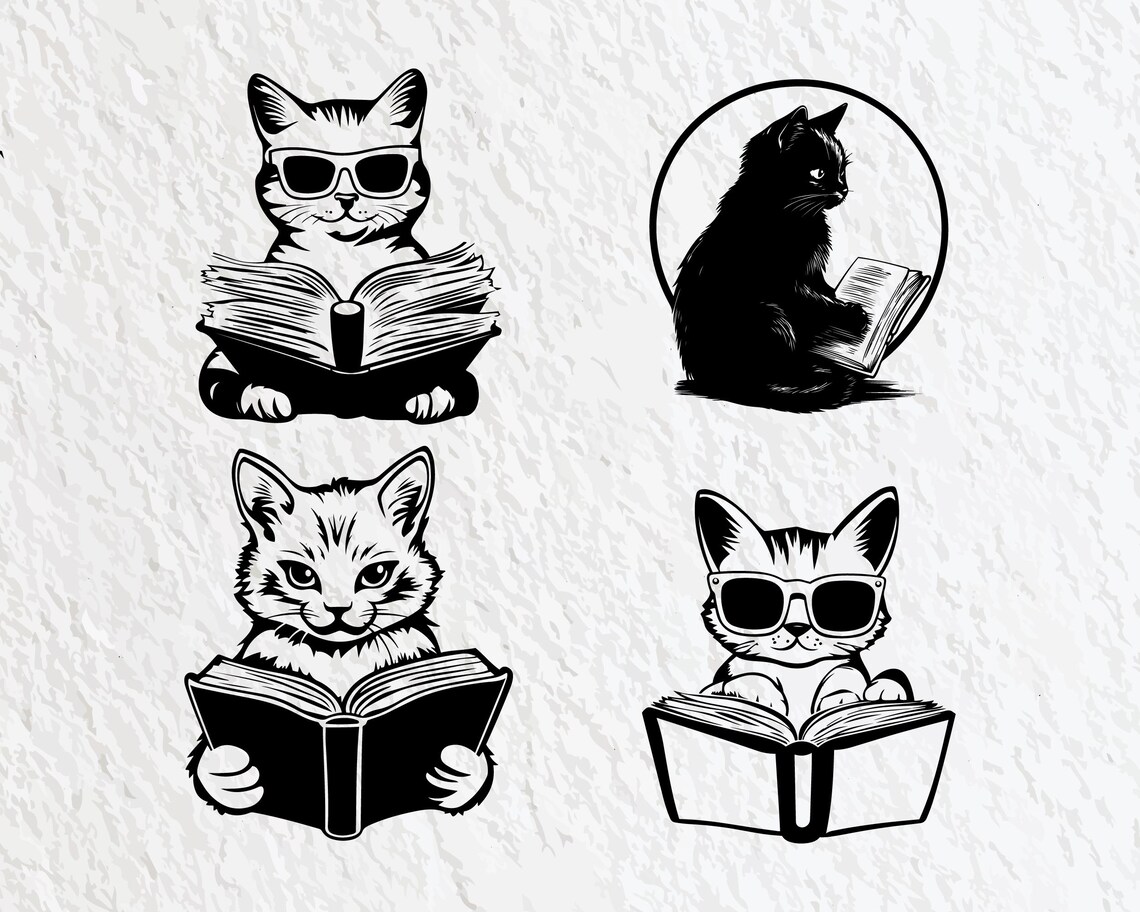 Cat Reading Book Svg Bundle, Cat Reading Book Silhouette, Cat Reading ...
