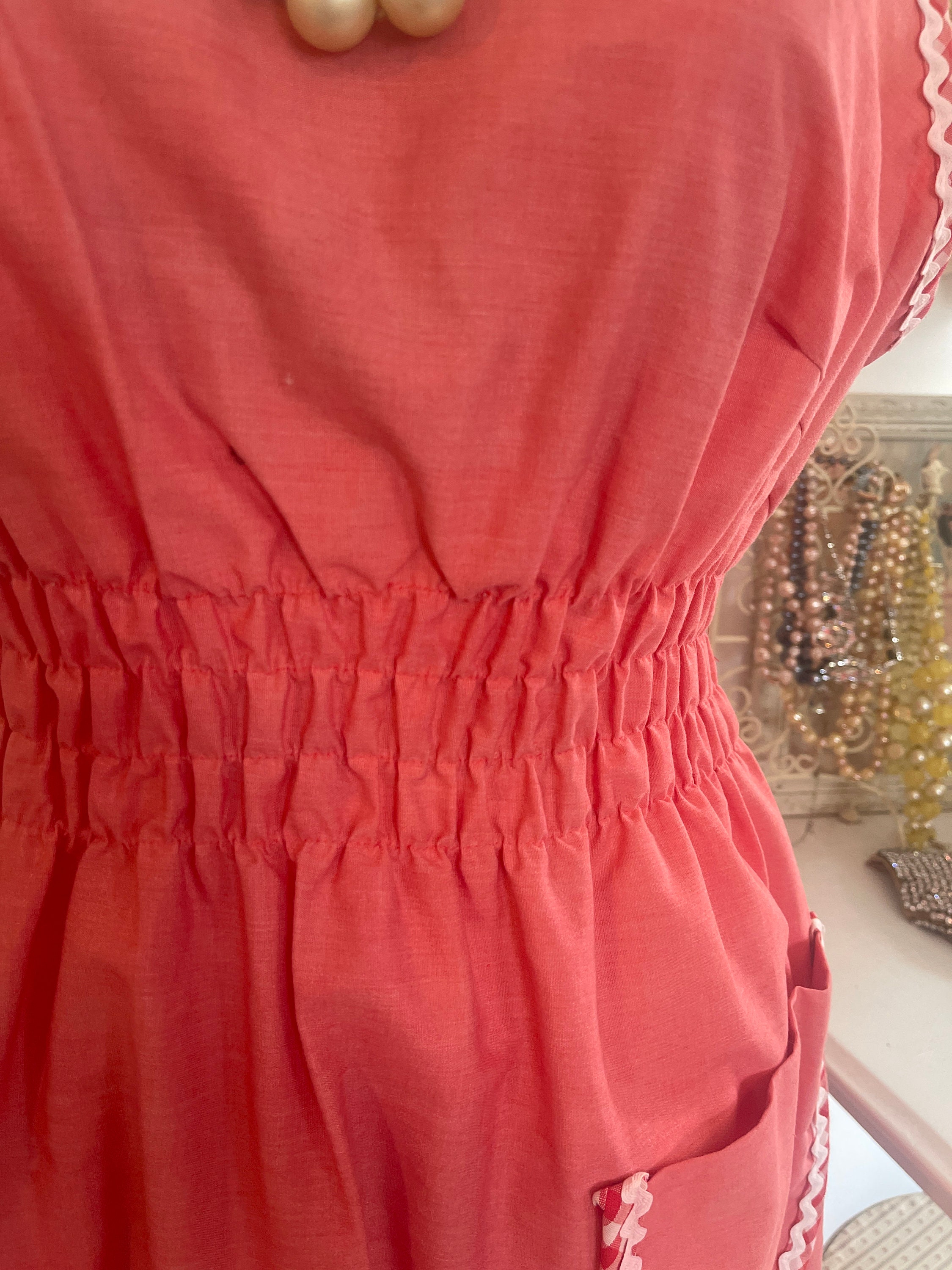 Retro 1950s Style Vintage Coral Dress, Vintage Ric Rac Dress With ...