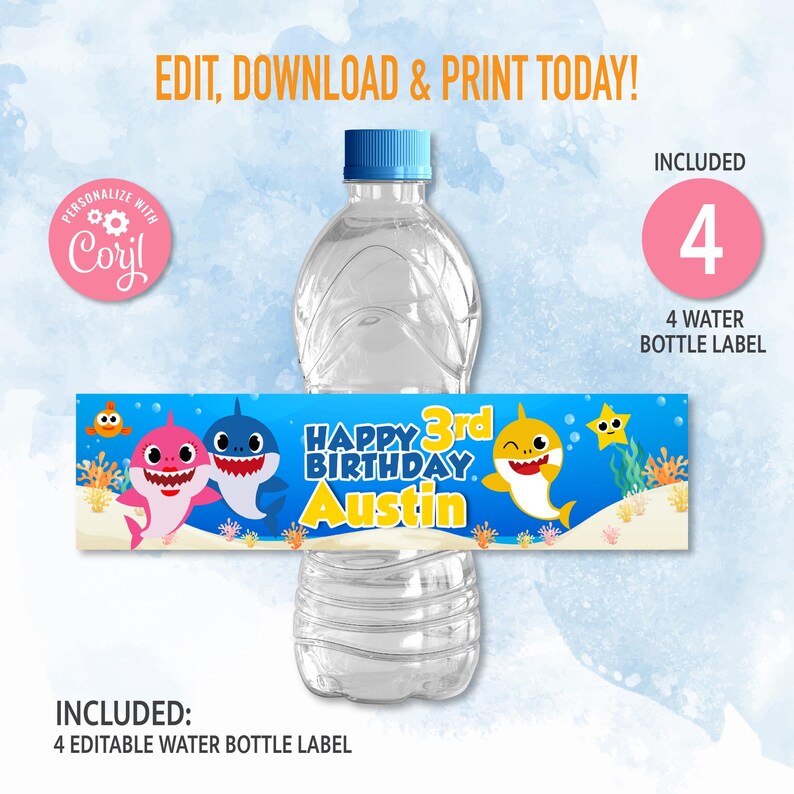 For Boy and Girl EDITABLE Shark Water Bottle Labels, Water Labels ...