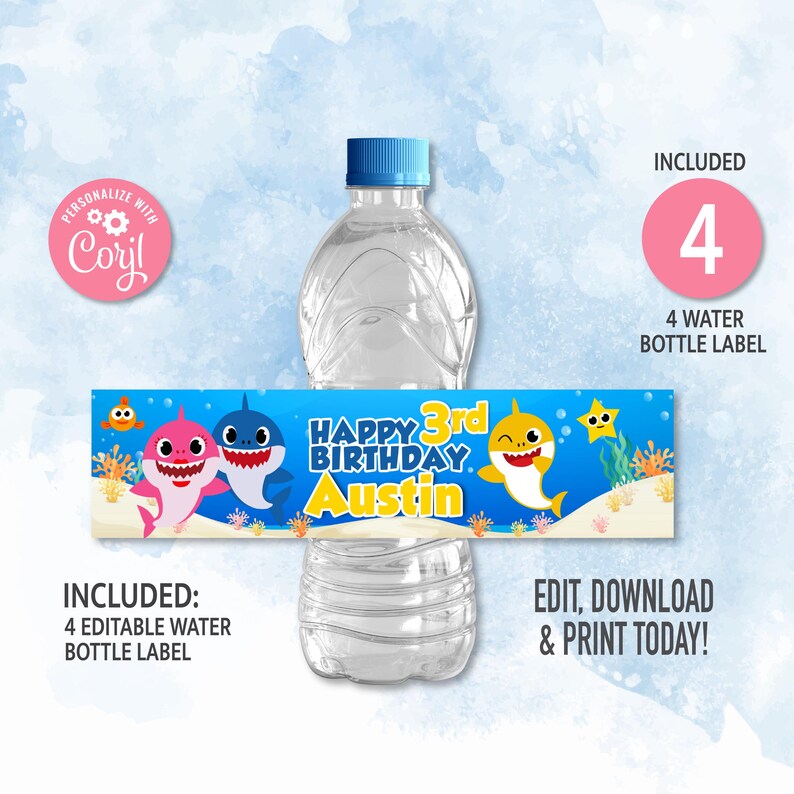 For Boy and Girl EDITABLE Shark Water Bottle Labels, Water Labels ...