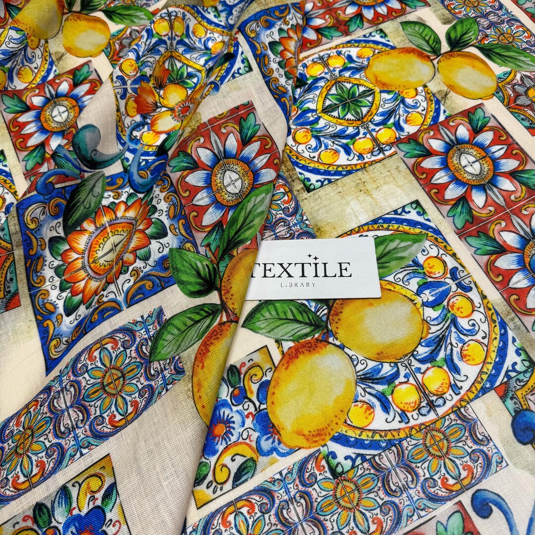 Italian Linen Fabric – Majolica Print, Mediterranean Style (2.02yd / 1 ...