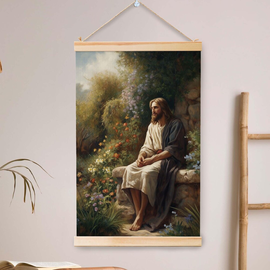 Easter Jesus Wall Murals Oil Painting Style Jesus Sitting Among Flower ...