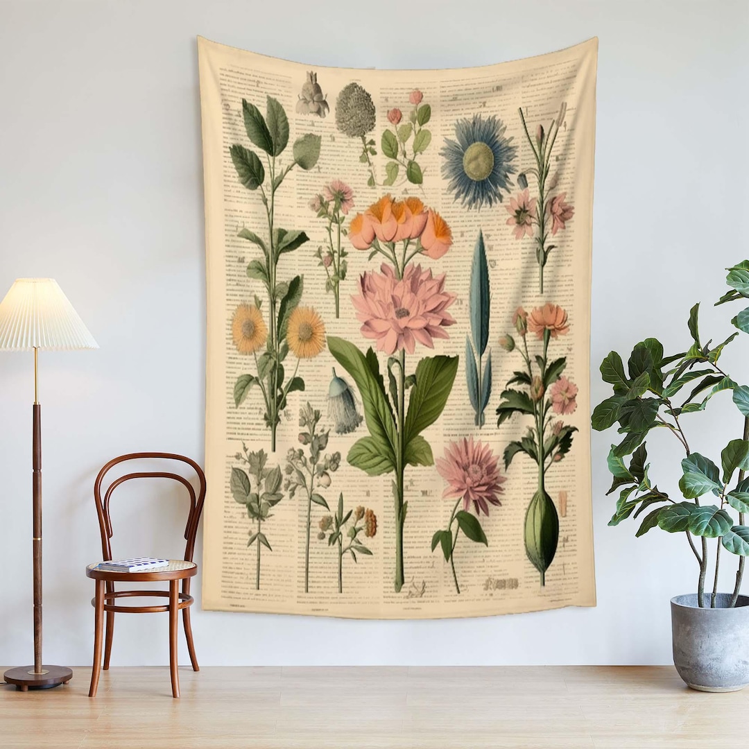 Botanical Tapestry Wall Art Floral Tapestry, Vintage Floral Wall ...