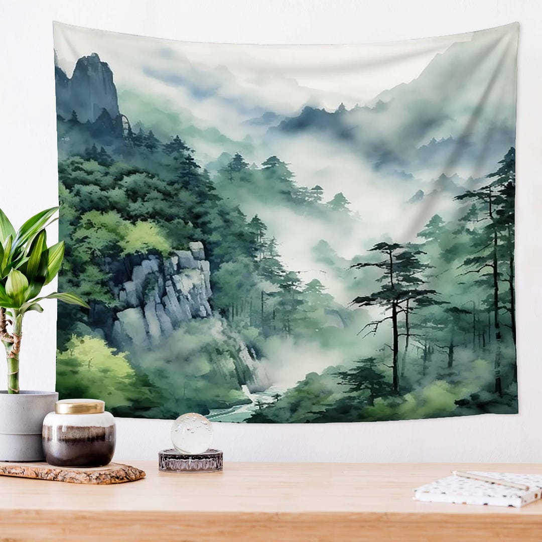 Watercolor Pine Tapestry Foggy Forest Tapestry, Nature Tapestry ...