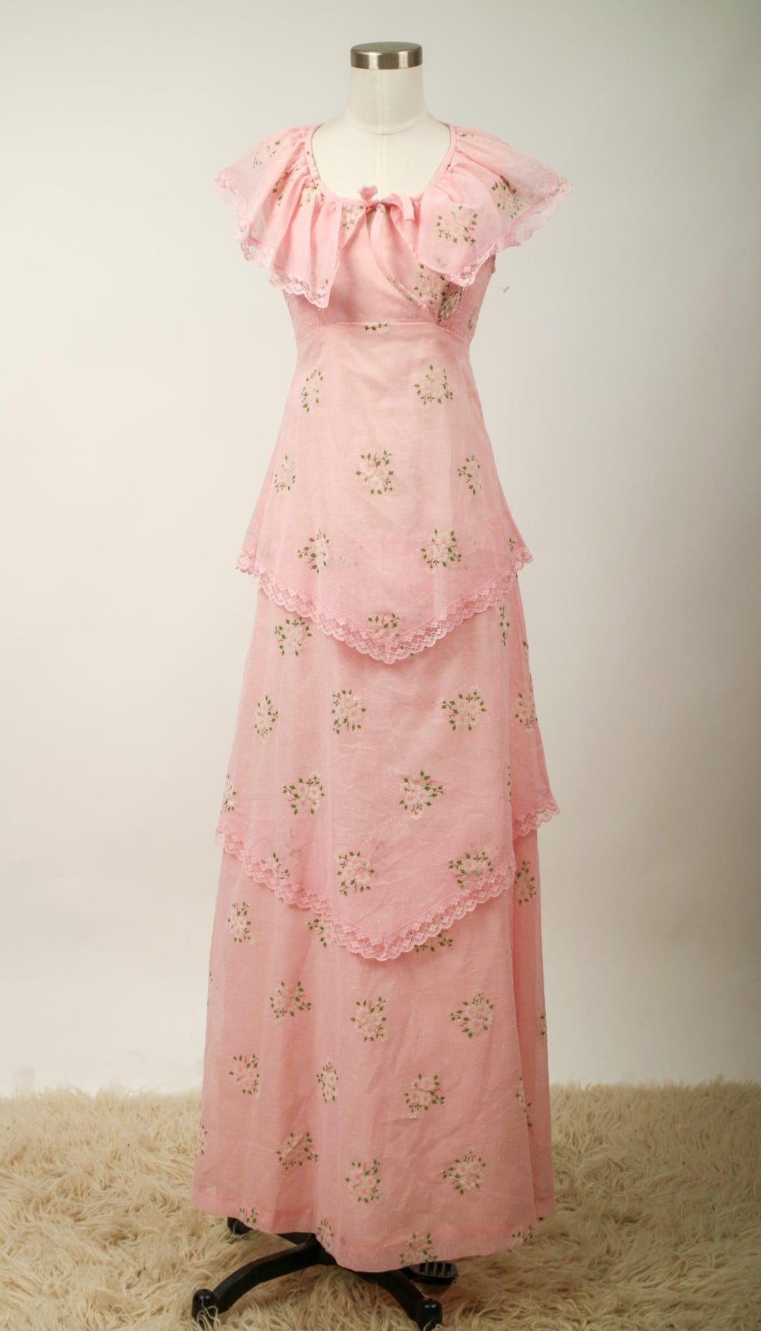 1970s Tiered Baby Pink Flocked Floral Maxi Dress by Rhonda Roy - Etsy