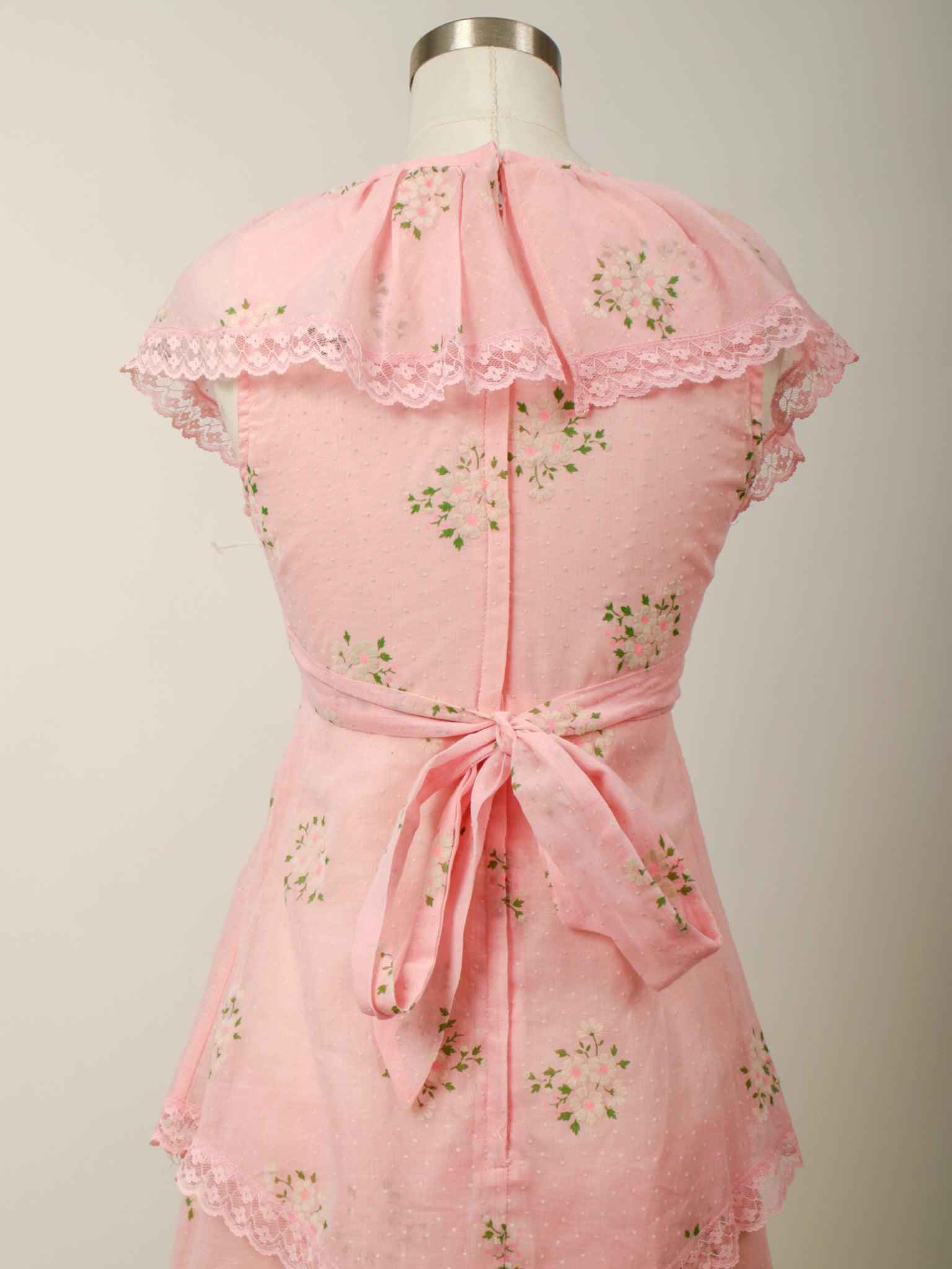 1970s Tiered Baby Pink Flocked Floral Maxi Dress by Rhonda Roy - Etsy