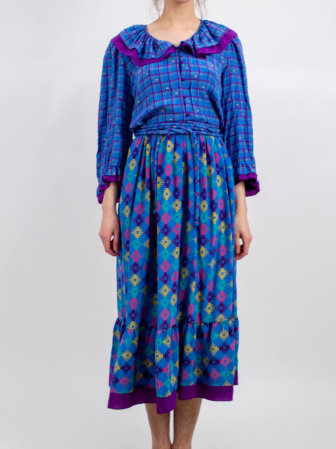 1980s Funky Miss Frizzle Style Vibrant Plaid Silk Blue and Purple Dress ...