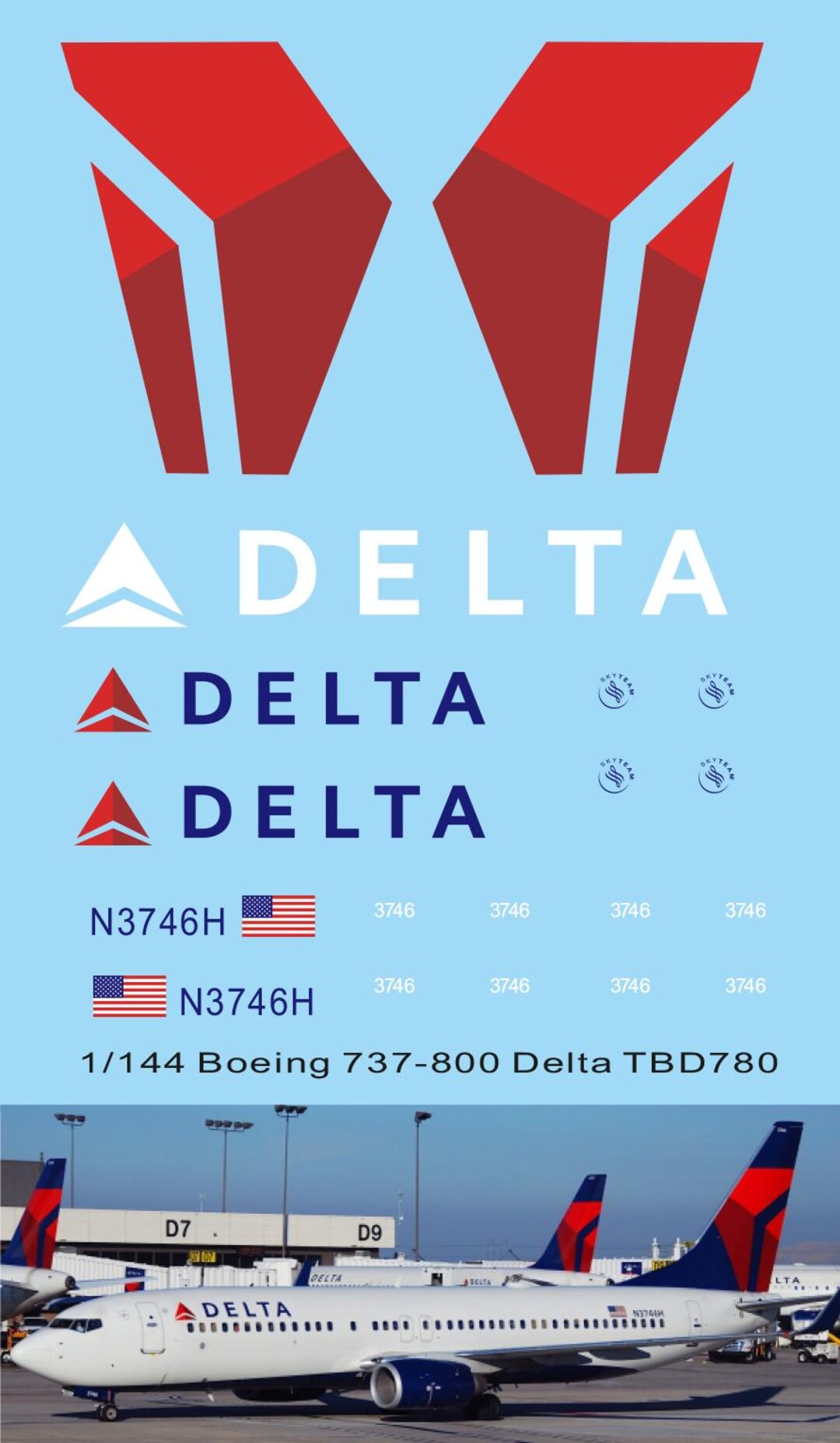 1/144 Decals for Boeing 737 800 Delta Airlines Livery TB Decal TBD780 ...