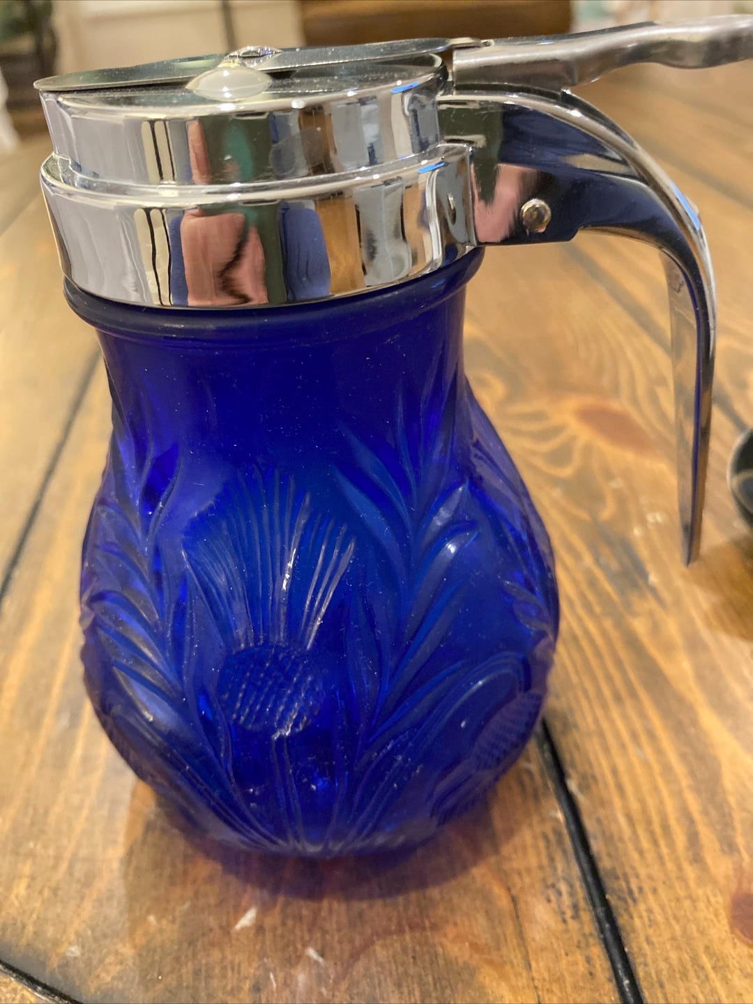 Vintage Cobalt Blue Glass Syrup Dispenser With Chrome Lid Embossed ...