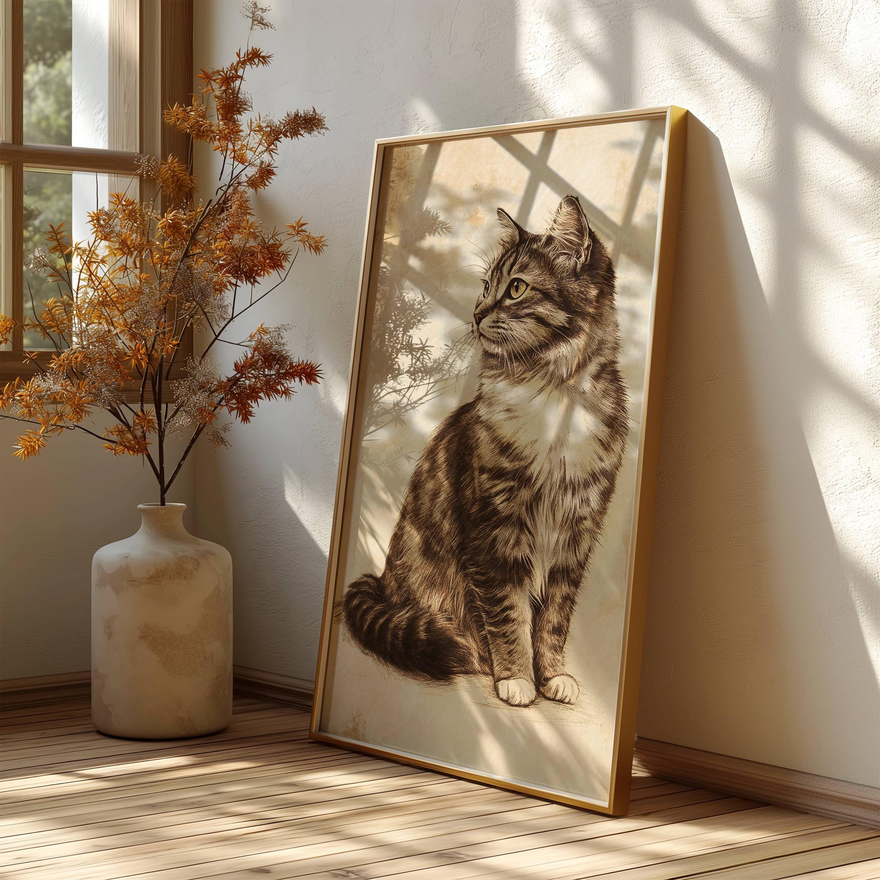Vintage Cat Sketch, Wall Art of Cats, House Cat Sketch, Antique Cat Art ...