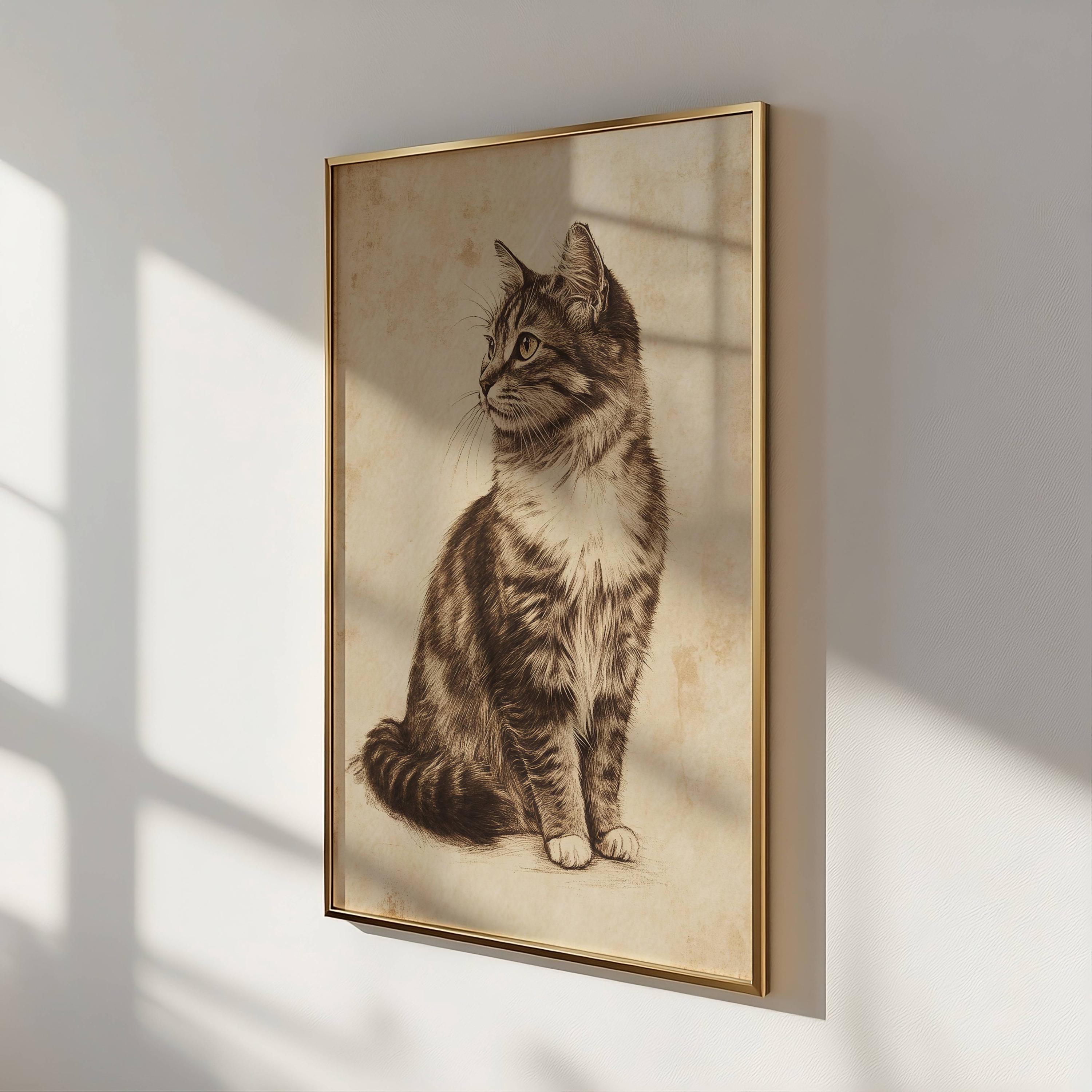 Vintage Cat Sketch, Wall Art of Cats, House Cat Sketch, Antique Cat Art ...