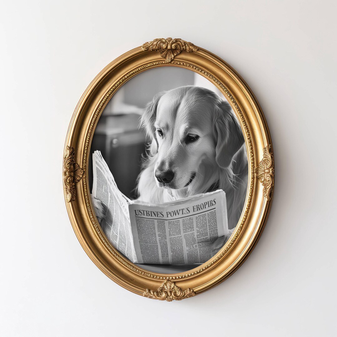 Golden Retriever Reading Newspaper Wall Art, Dog Reading, Black and ...