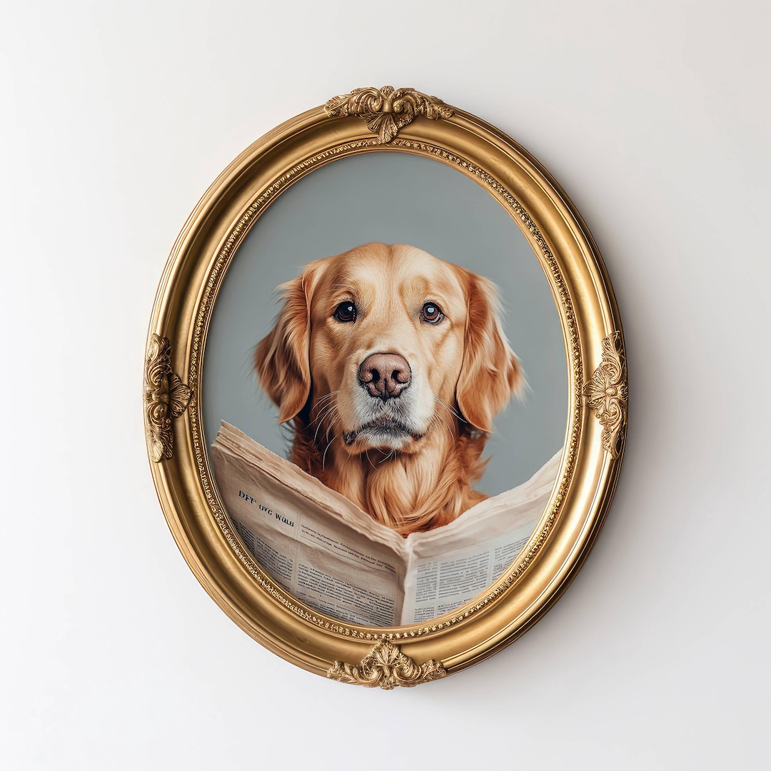 Golden Retriever Reading Newspaper Wall Art, Dog Reading, Living Room ...