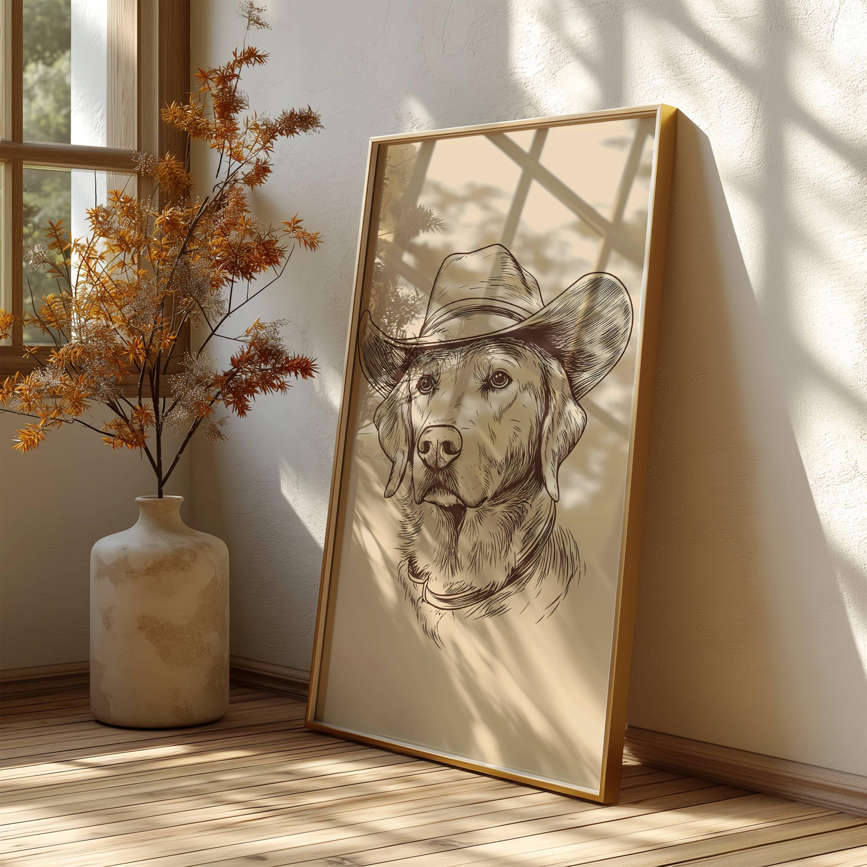 Vintage Cowboy Lab Sketch, Cowboy Dog Art, Dog Wall Art, Cowboy Decor ...