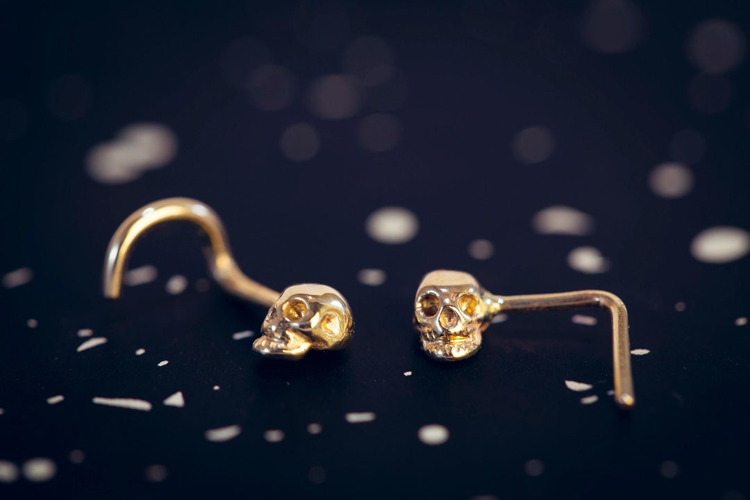 Tiny Solid 14k Gold Skull Nose Stud / Hand Made Yellow Gold Skull ...