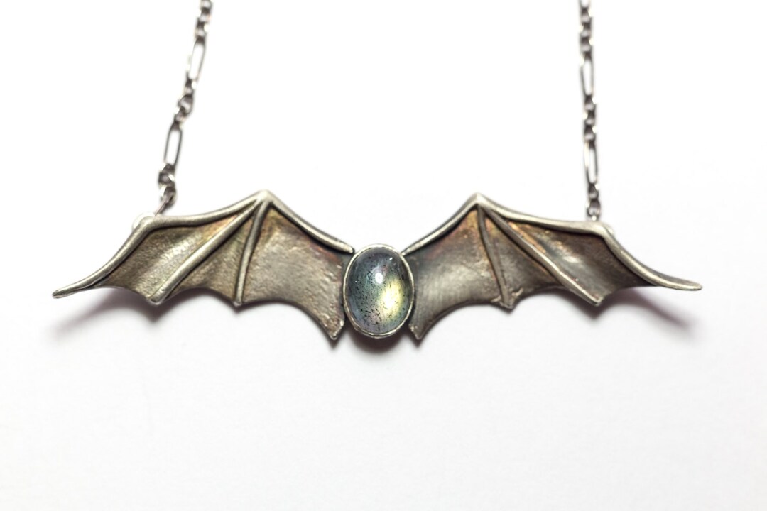 Silver Bat Wings Necklace With Oval Labradorite Cabochon Nestled Inside ...