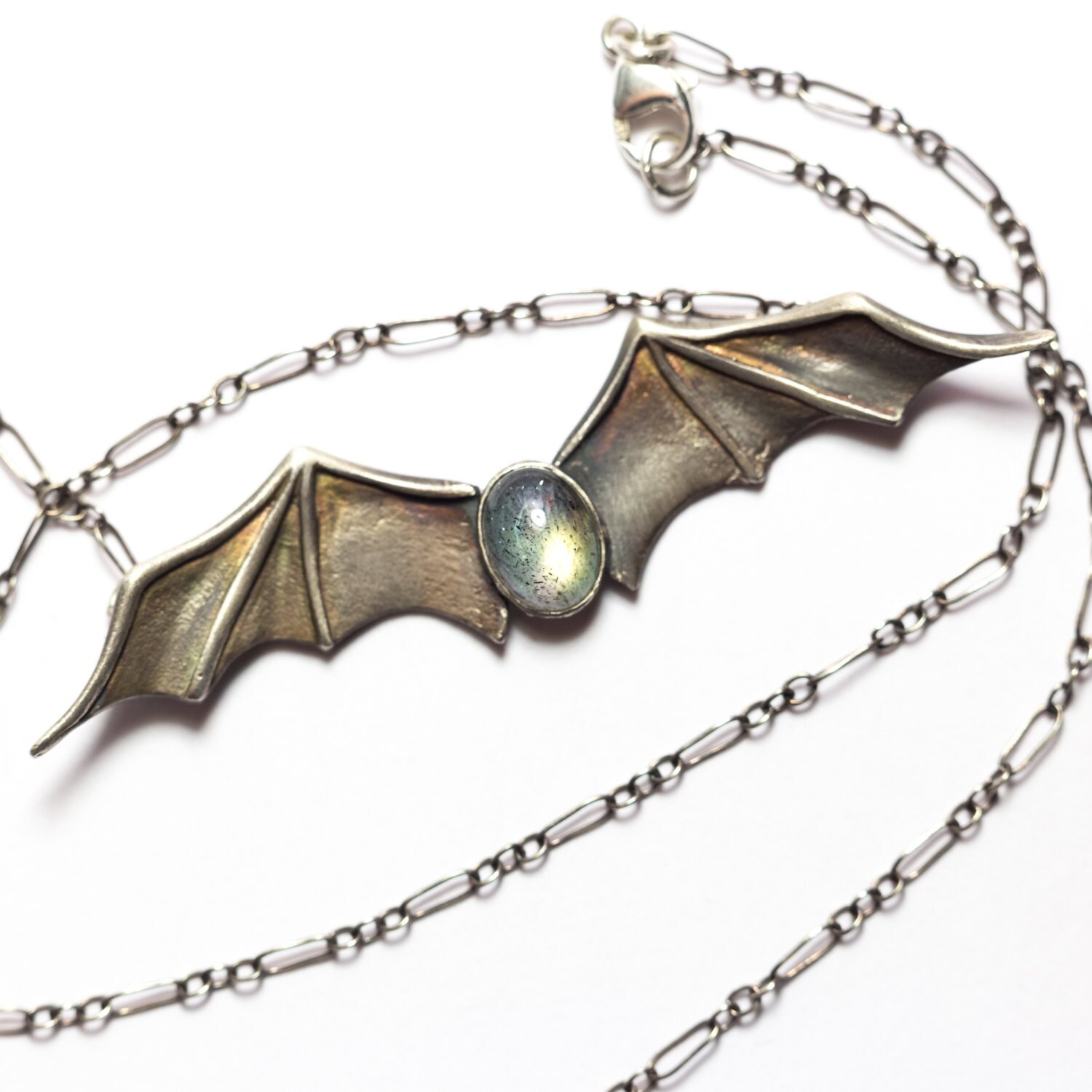 Silver Bat Wings Necklace With Oval Labradorite Cabochon - Etsy