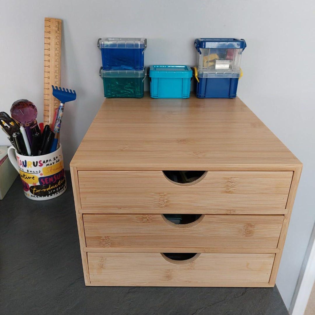 Bamboo Desktop Organizer With 3 Drawers, Stationery, Makeup, and ...