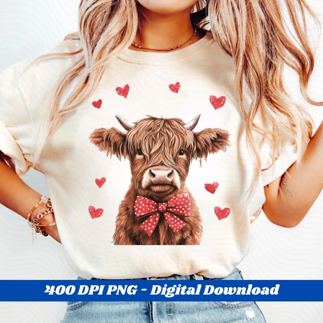 Highland Cow Valentine PNG - Coquette Heart PNG, Cute Cow Sublimation ...