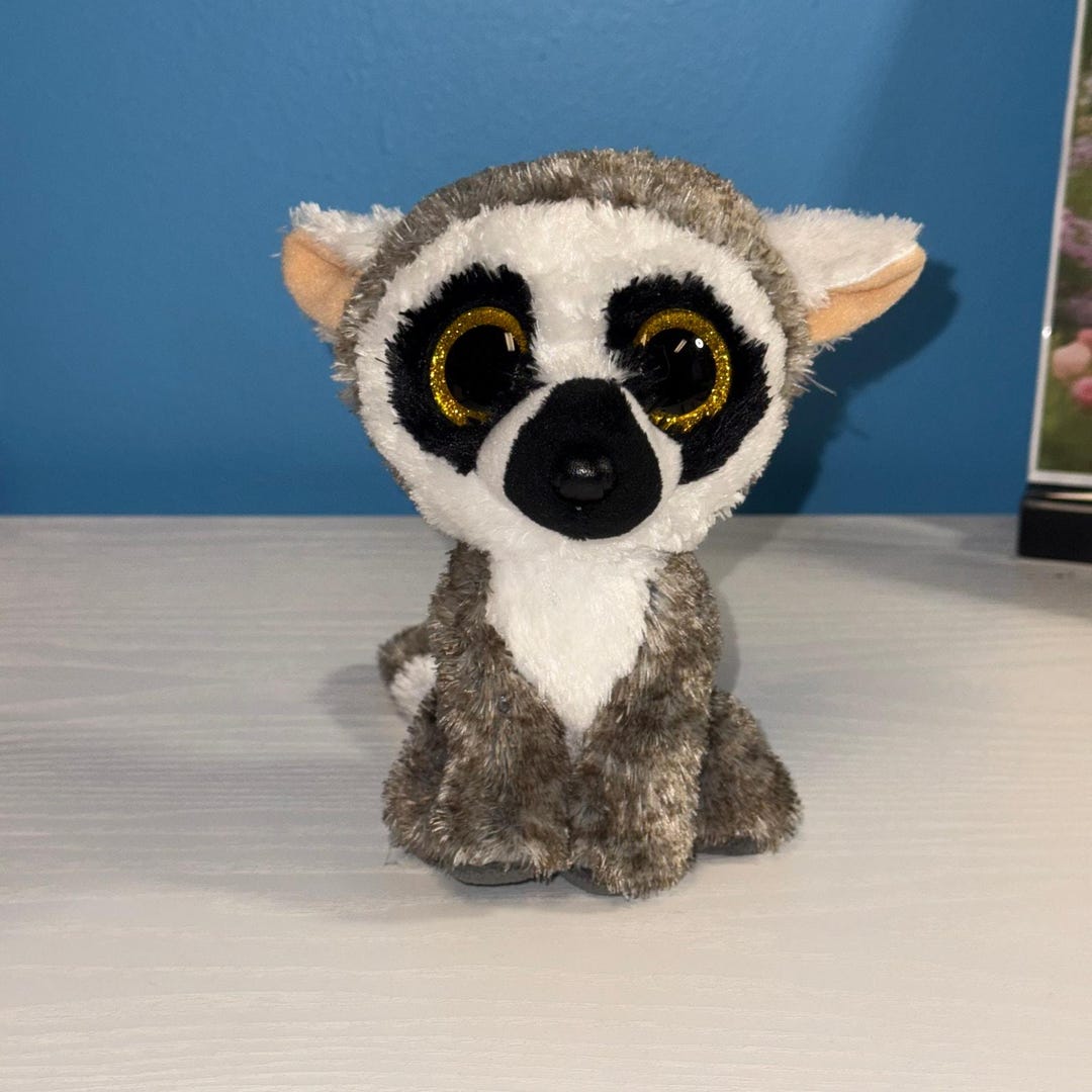 Ty Beanie Boo Linus the Lemur Gray White Plush 6” Gold Eyes Stuffed ...