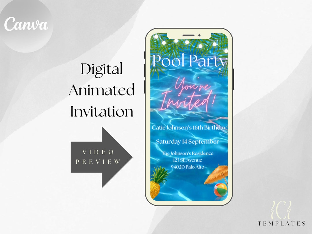 Pool Parti Invite, Poole Party, Poolparty, Blue Pool Party Neon Invite ...
