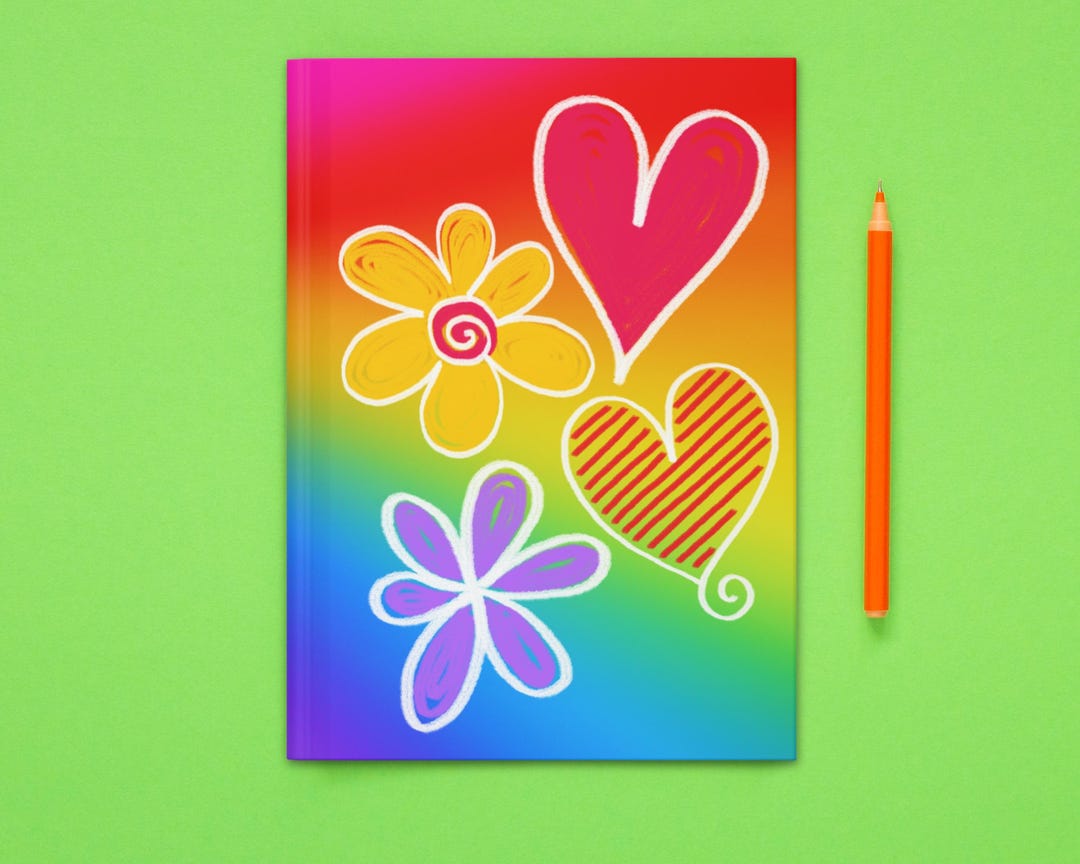 Crayon Heart & Flowers Rainbow Colors Notebook, Girly Notebooks, Happy ...