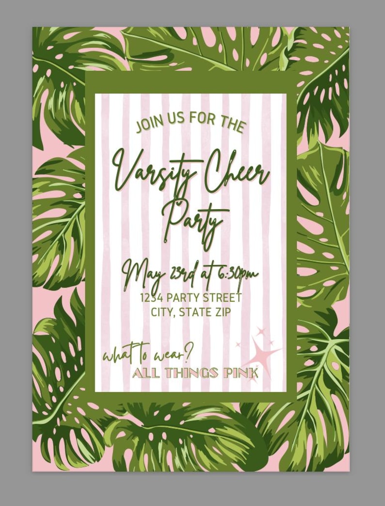 Instant Download Printable Beverly Hills Theme Invite Pink Green Palm ...