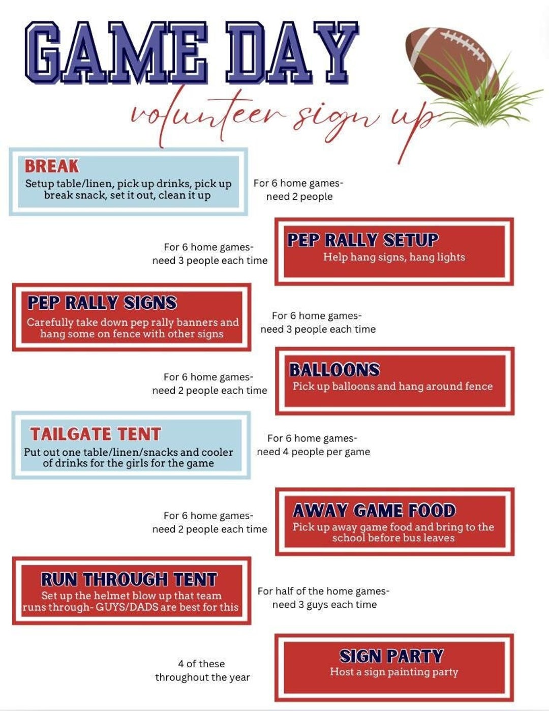 Instant Download Football Cheer Game Day Volunteer Sheet- Download Into ...