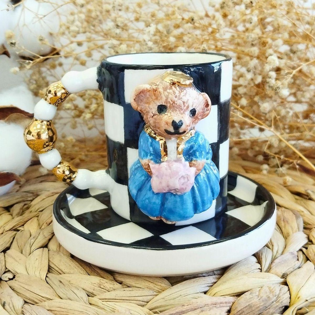 TEDDY BEAR Checkers PATTERN Blue Coffee Cup With Handle Turkish Coffee ...