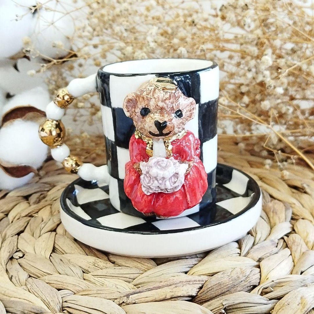 TEDDY BEAR Checkers PATTERN Coffee Cup With Handle Turkish Coffee Cup ...