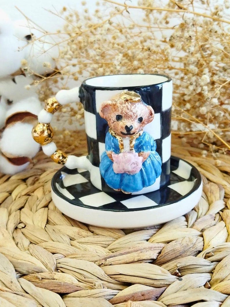 TEDDY BEAR Checkers PATTERN Blue Coffee Cup With Handle Turkish Coffee ...