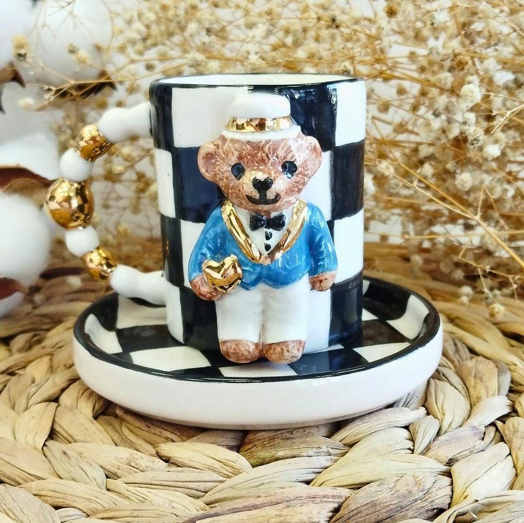 TEDDY BEAR Checkers PATTERN Coffee Cup With Handle Turkish Coffee Cup ...