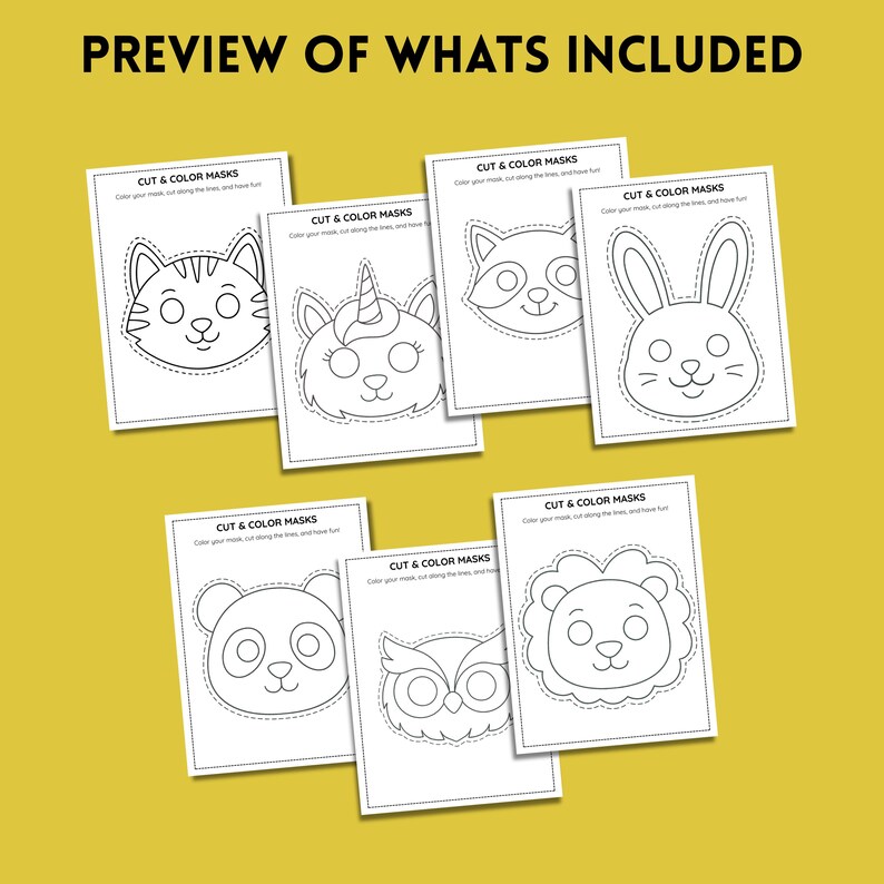 Animal Masks Printable Pages: Color, Cut & Play Set - Kids Dress-up ...