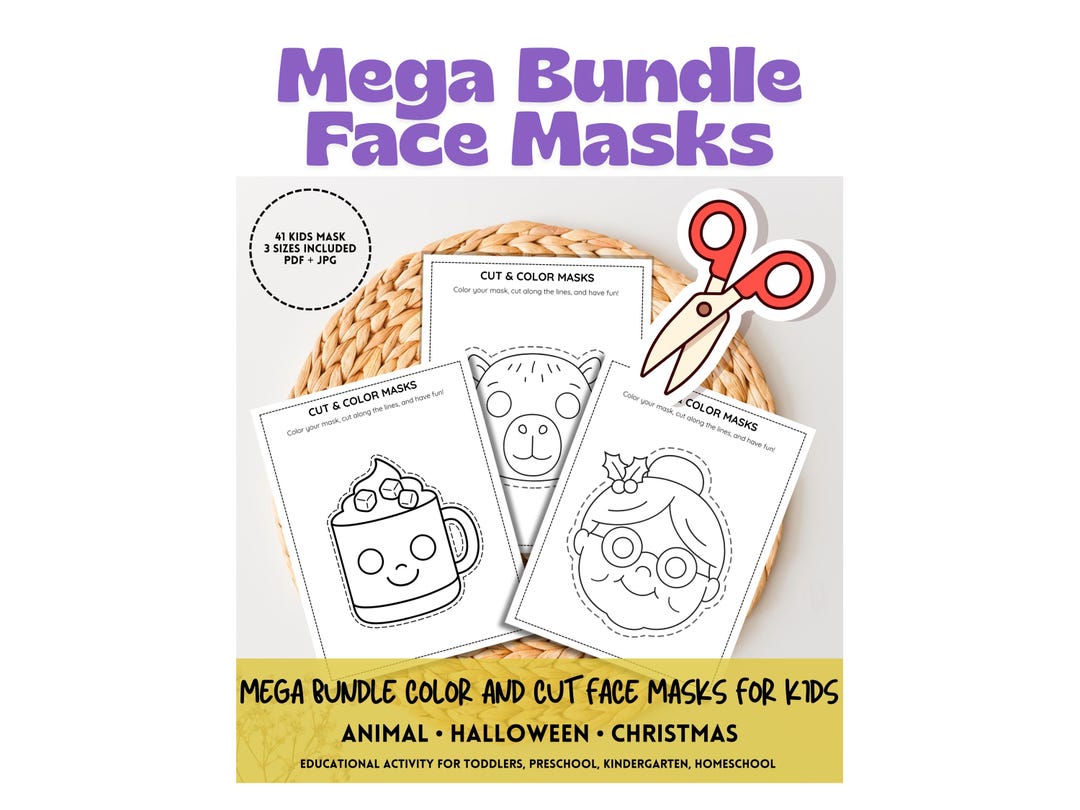 41 Printable Kids Masks: Halloween Christmas Animals, Coloring Activity ...