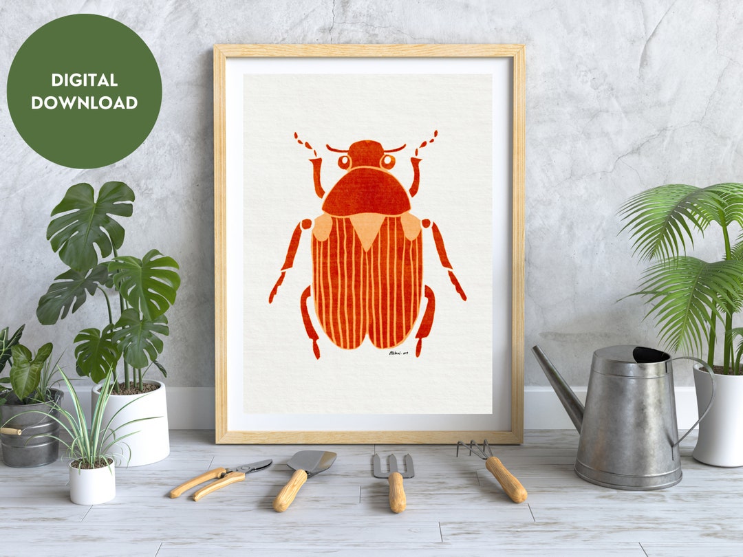 Burnt Orange Beetle Poster, Vintage Insect Illustration, Whimsical Wall ...