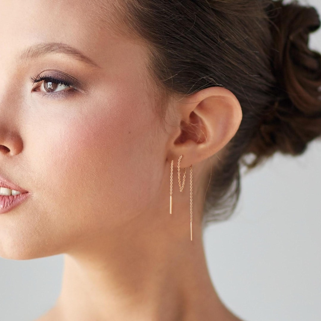 Threader Earring Rose Gold Chain Earrings Sterling Silver Long Chain ...