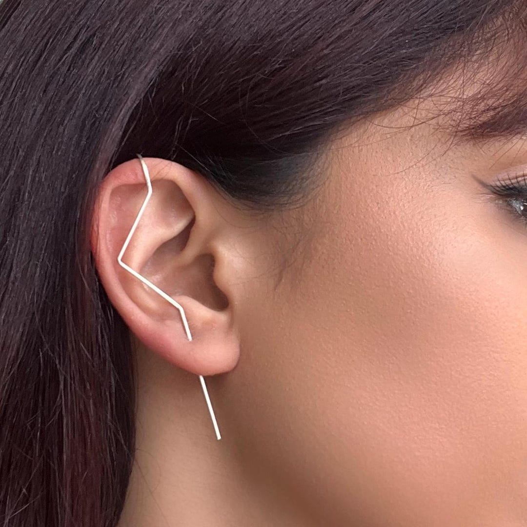 Sterling Silver Zigzag Ear Climber Earrings Minimalist Bar Ear Pin ...