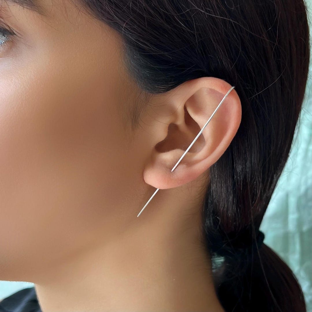 Sterling Silver Ear Climber Earrings Minimalist Bar Ear Pin Futuristic ...