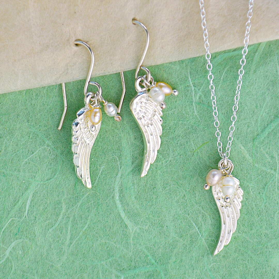 Sterling Silver Angel Wing Jewelry Set Pearl and Silver Necklace and ...