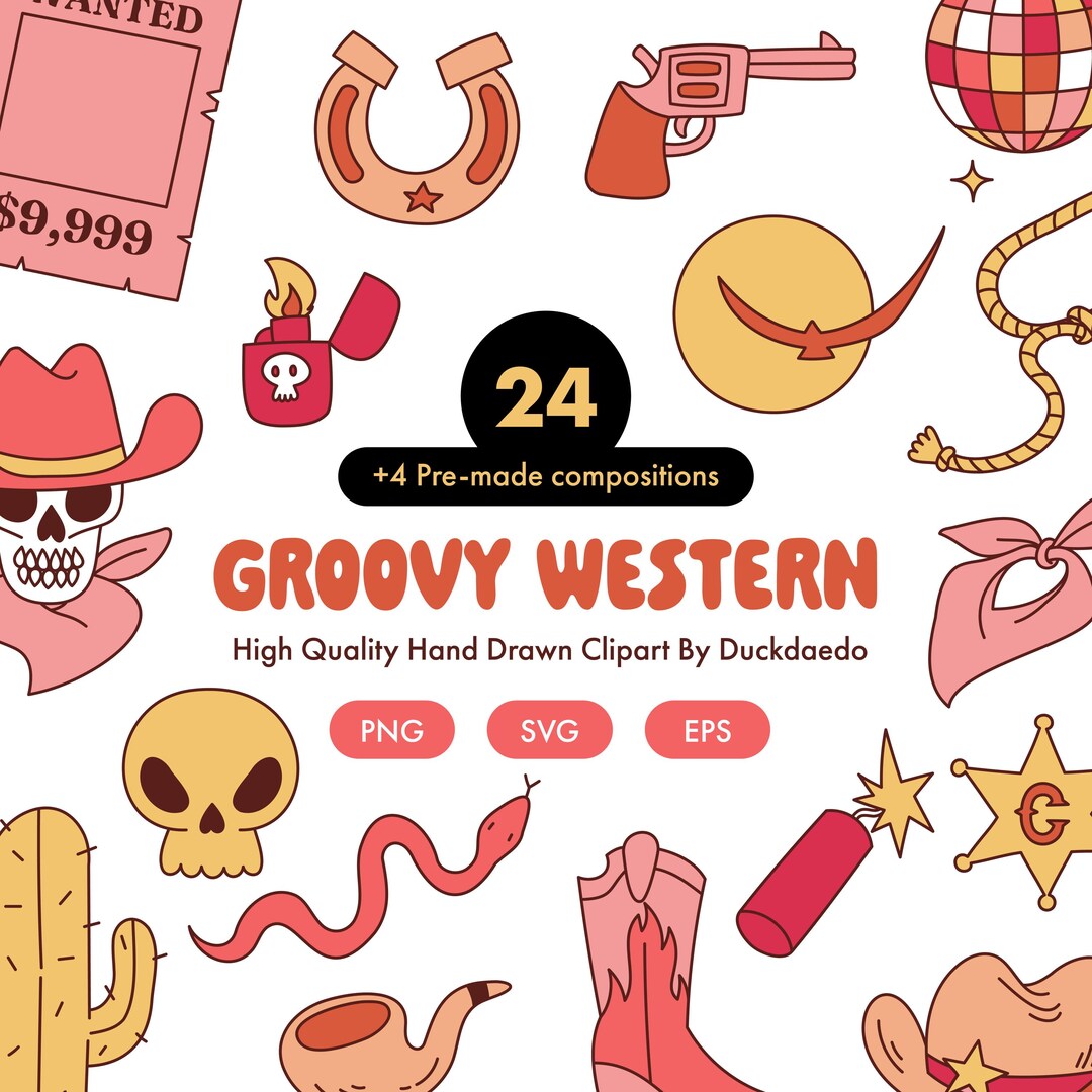 Groovy Western Cowboy Clipart Set, Retro Wild West PNG SVG EPS, Vintage ...