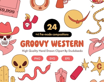 Groovy Western Clipart Set, Retro Wild West PNG SVG EPS, Vintage ...