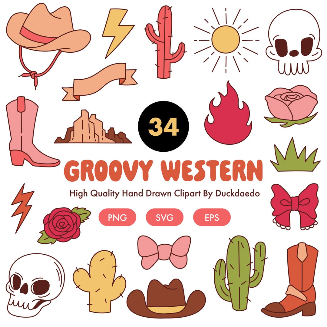 Groovy Western Clipart Set, Retro Wild West PNG SVG EPS, Vintage ...