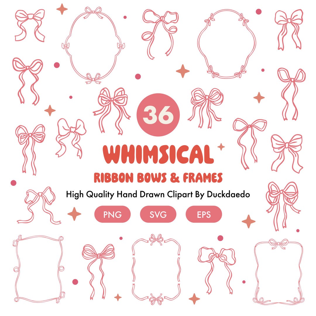 Whimsical Ribbon Bow and Frame, Pink Clipart Set, Ribbon Illustration ...